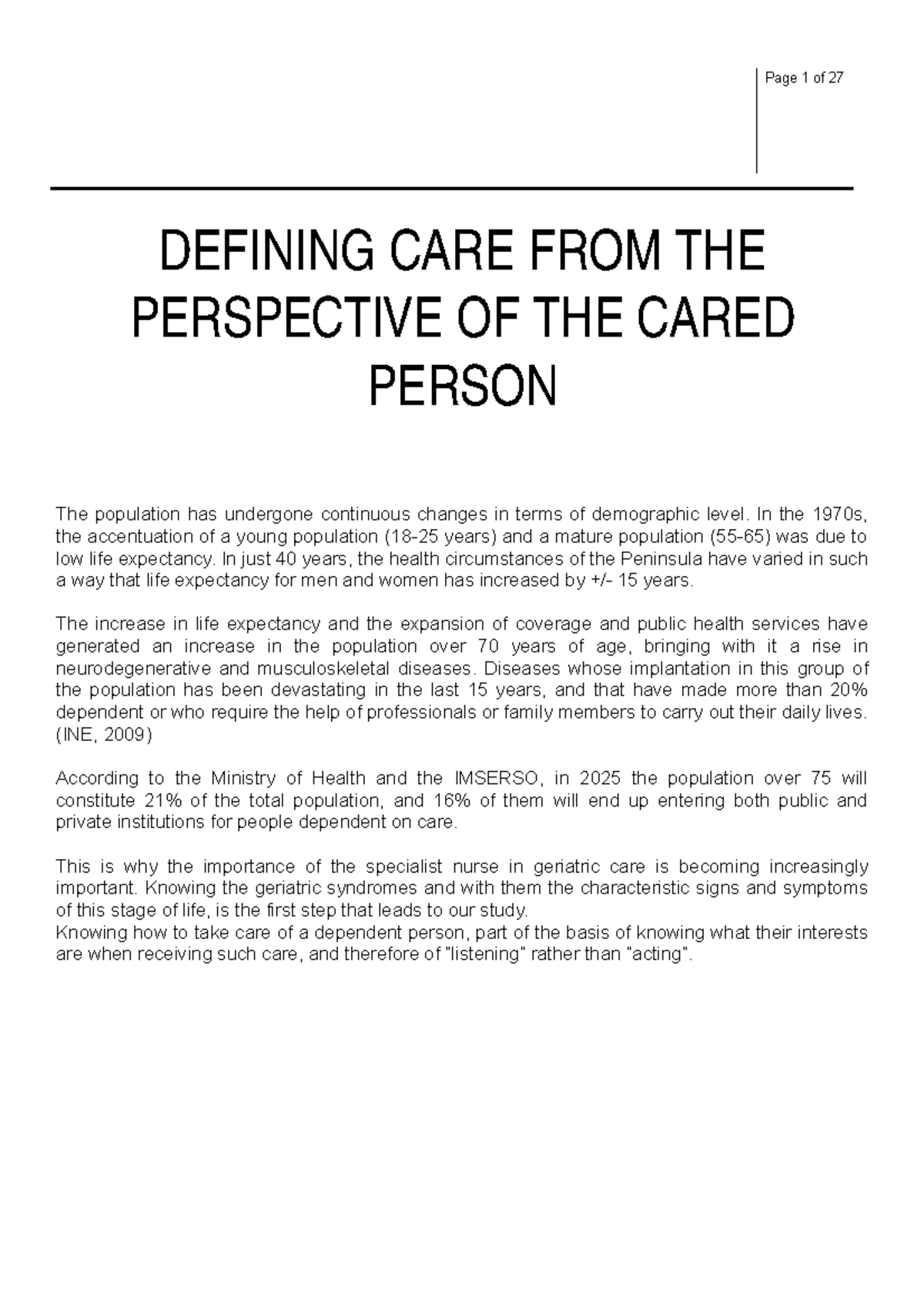 Defining CARE FROM THE Perspective OF THE Cared Person - Page 1 of 27 ...