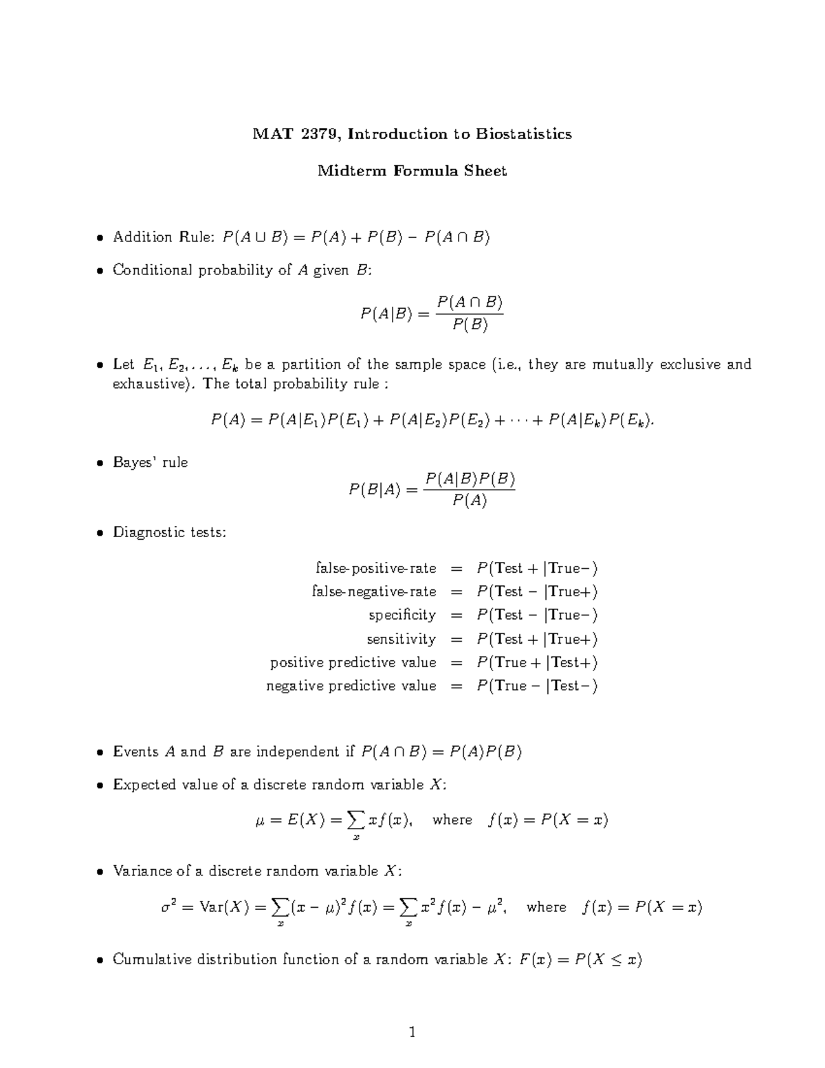 2379 midterm formula sheet - MAT 2379, Introduction to Biostatistics Midterm Formula Sheet ...