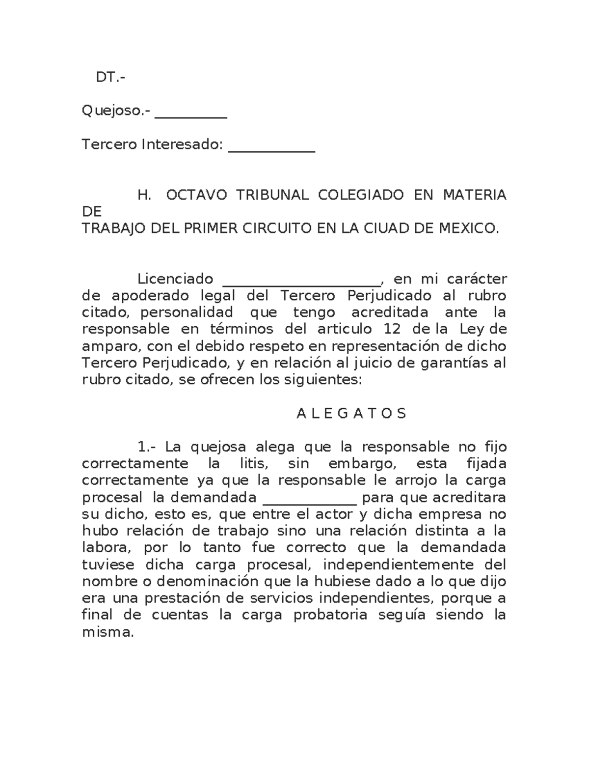 Formato Alegatos Juicio DE Amparo Directo - DT.- Quejoso.- __________ Tercero Interesado: - Studocu