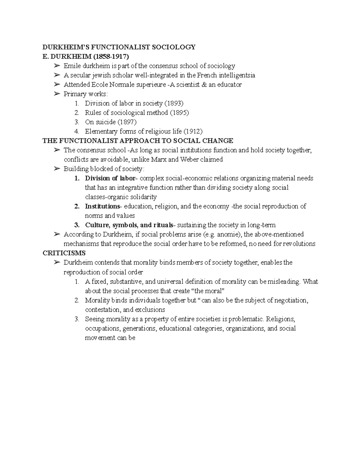Sociology notes 9 14 - Definition and terms - DURKHEIM’S FUNCTIONALIST ...