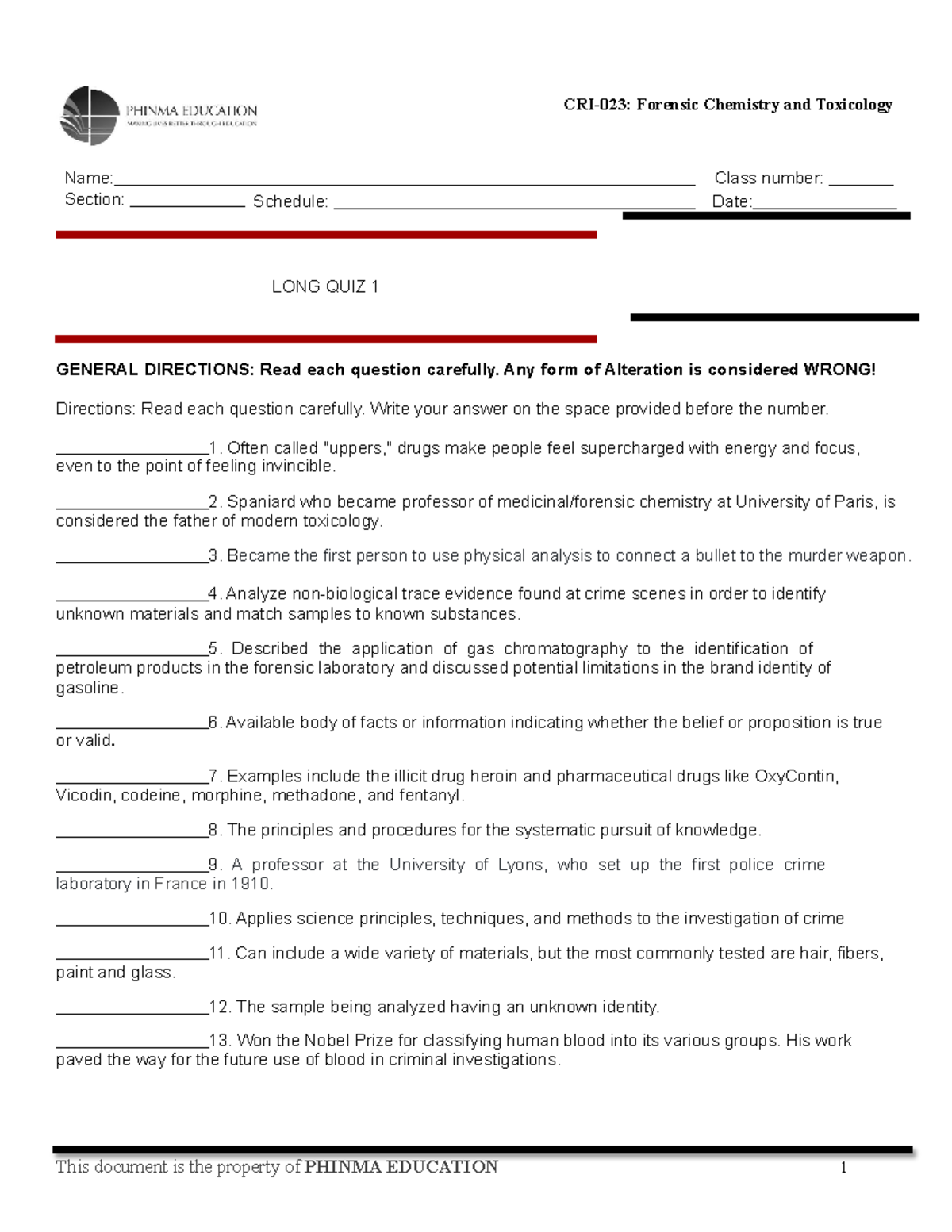 SAS #4 QUIZ CRI 023 - afd - CRI-023: Forensic Chemistry and Toxicology This document is the ...