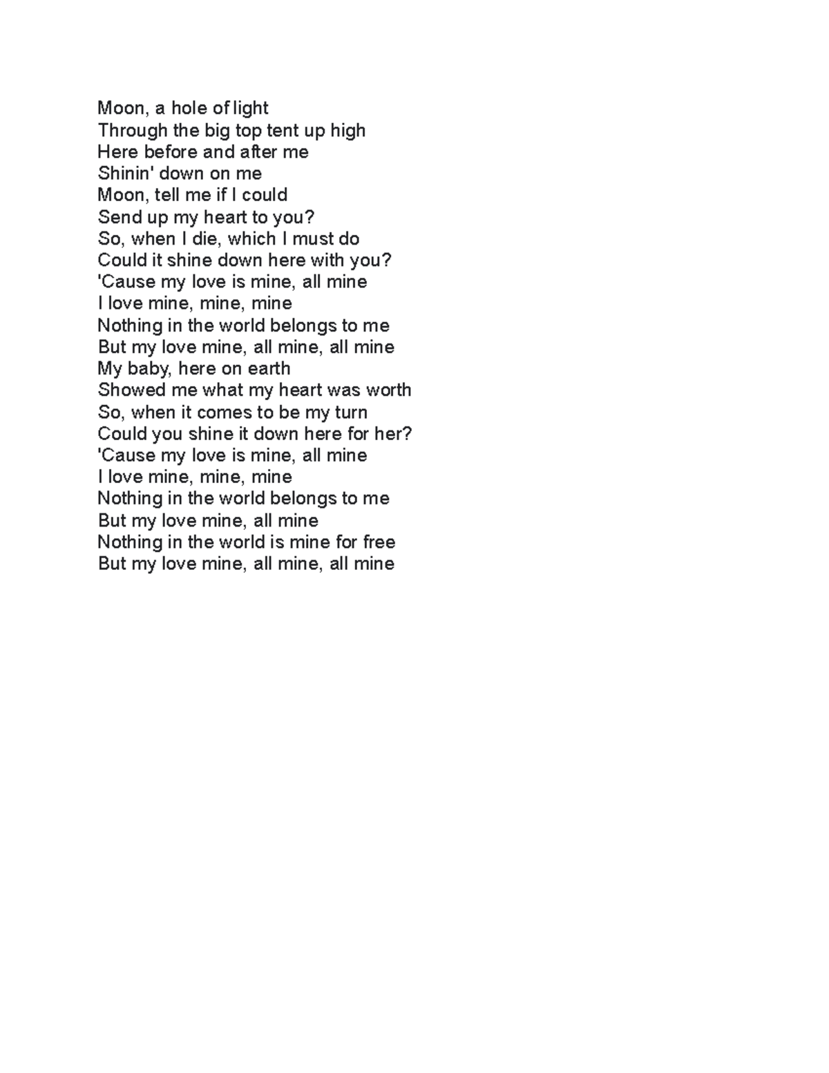 Sample Format OF the lyrucs - Moon, a hole of light Through the big top ...