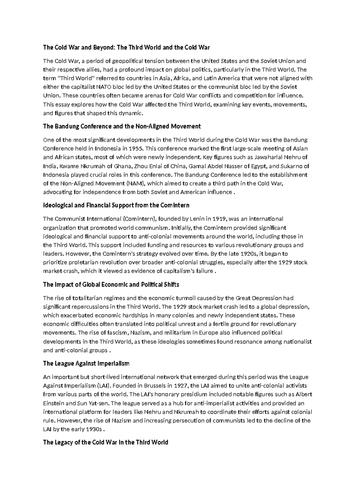 The Cold War and Beyond - ESSSAY NOTES - The Cold War and Beyond: The ...