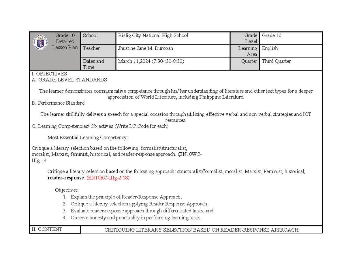 DLP Reader-Response - detailed lesson plan in english 10 - Grade 10 Detailed Lesson Plan School ...