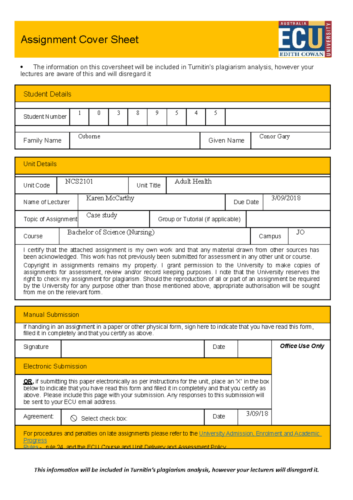 Case study essay - final - Assignment Cover Sheet The information on ...