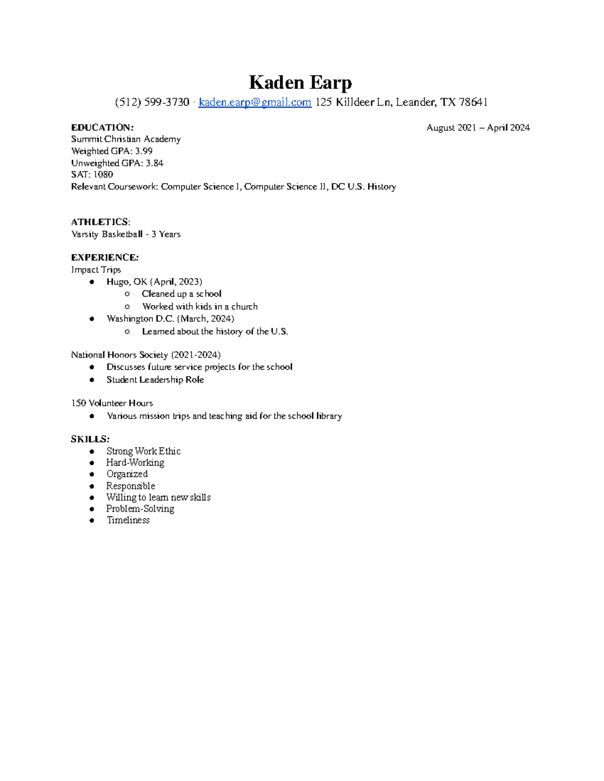 Junior Seminar Resume Rough Draft - Kaden Earp (512) 599-3730 ∙ kaden ...