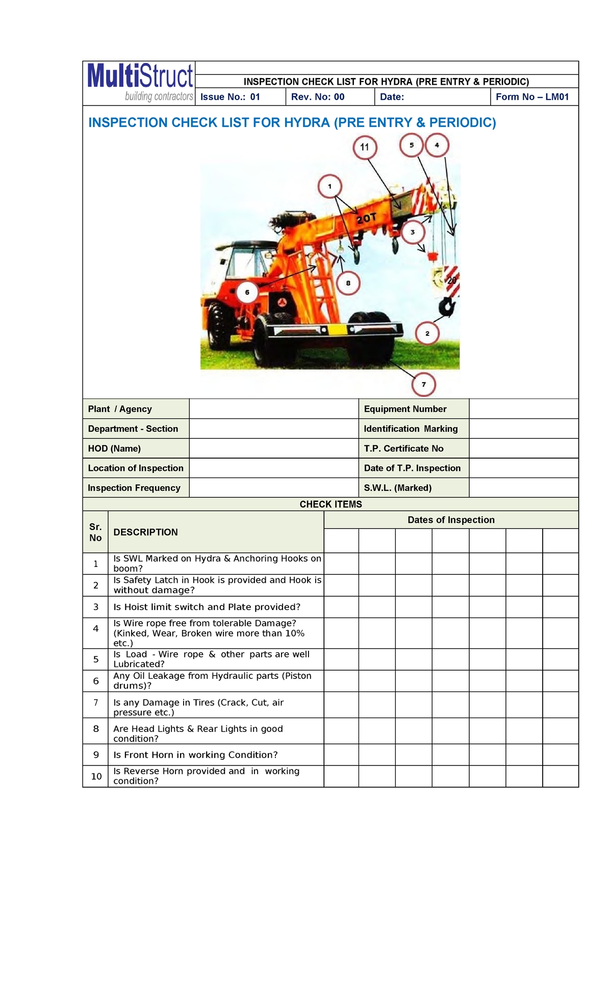 Equipment check list for all equioment in the construction activities ...