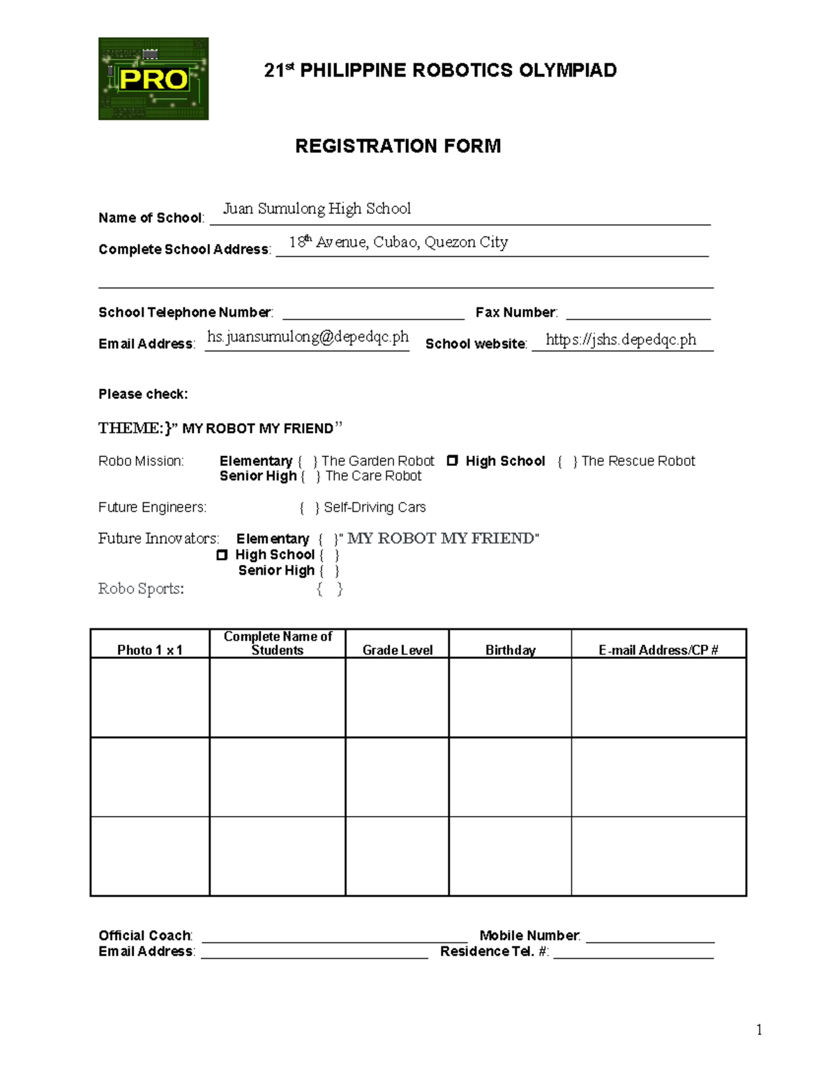 21st PRO registration form - 21 st PHILIPPINE ROBOTICS OLYMPIAD ...