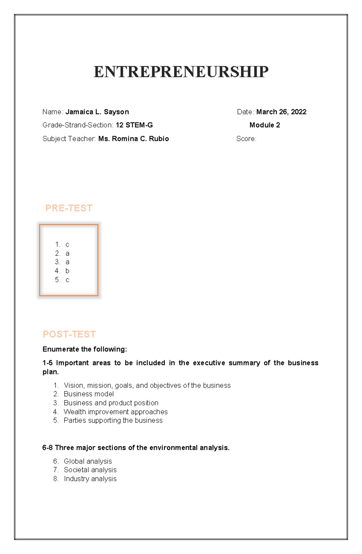 Entrep- Module-2 - ENTREPRENEURSHIP Name: Jamaica L. Sayson Date: March ...