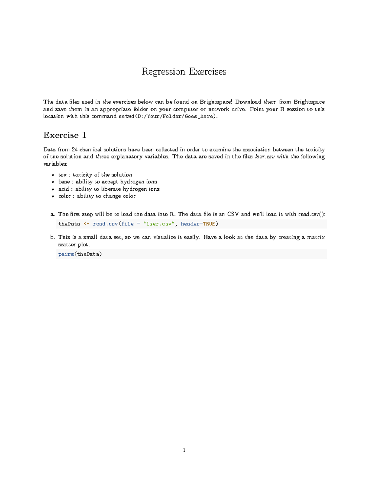Regression Exercises Answers - Regression Exercises The data files used in the exercises below ...
