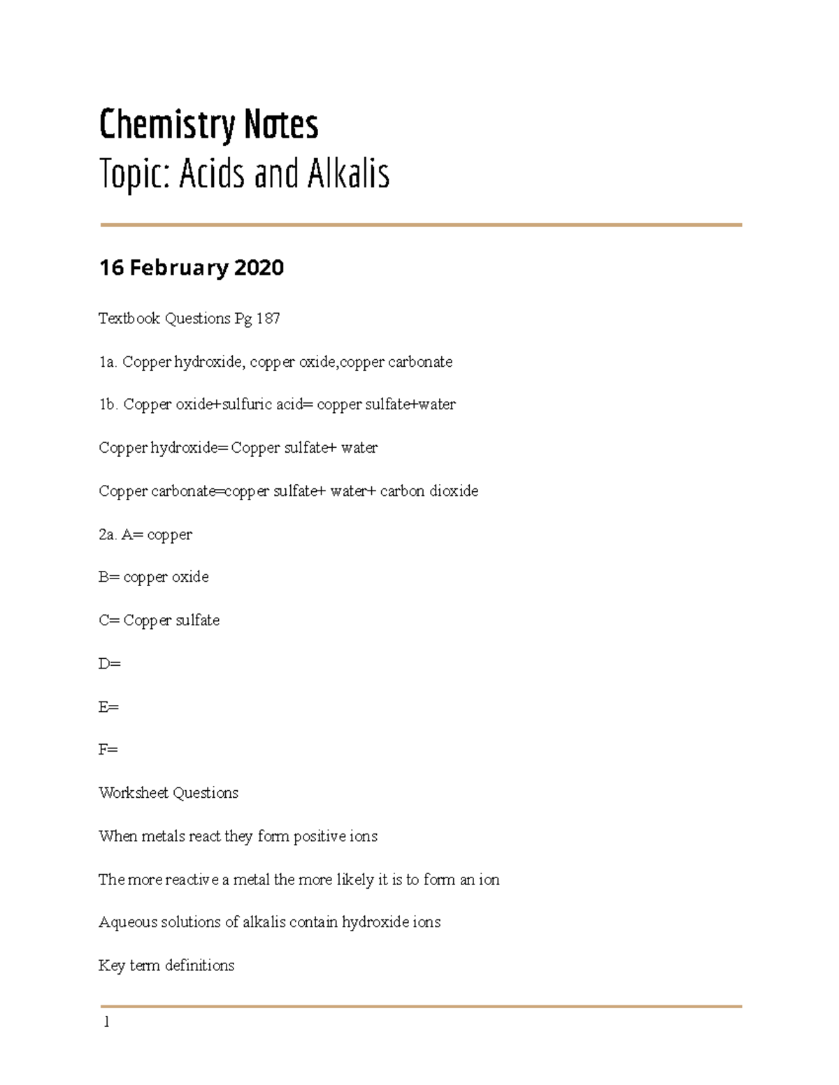 Acids and bases - Assignment - Chemistry Nes Topic: Acids and Alkalis ...