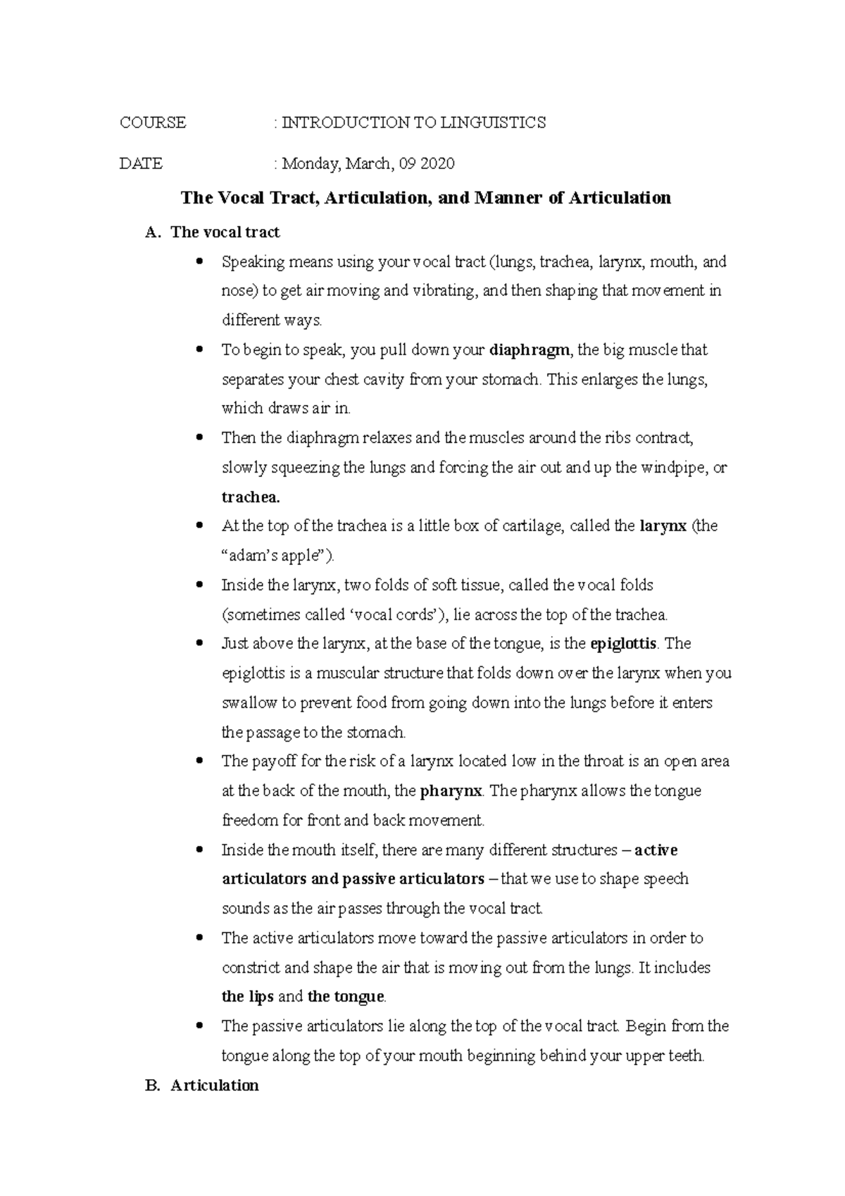 The Vocal Tract, Articulation, and Manner of Articulation.docx - The ...