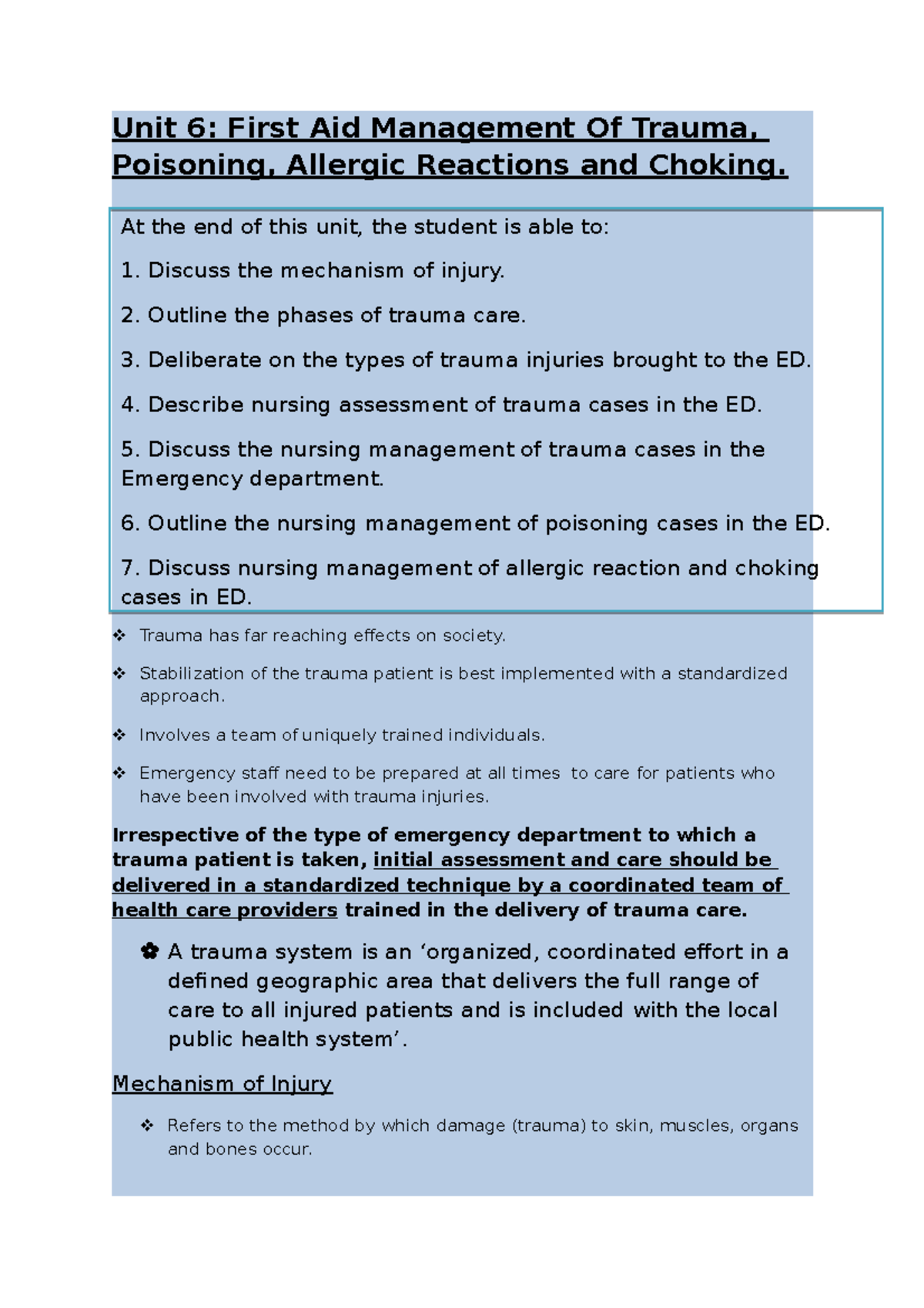 Unit 6 Overview Notes - Unit 6: First Aid Management Of Trauma ...