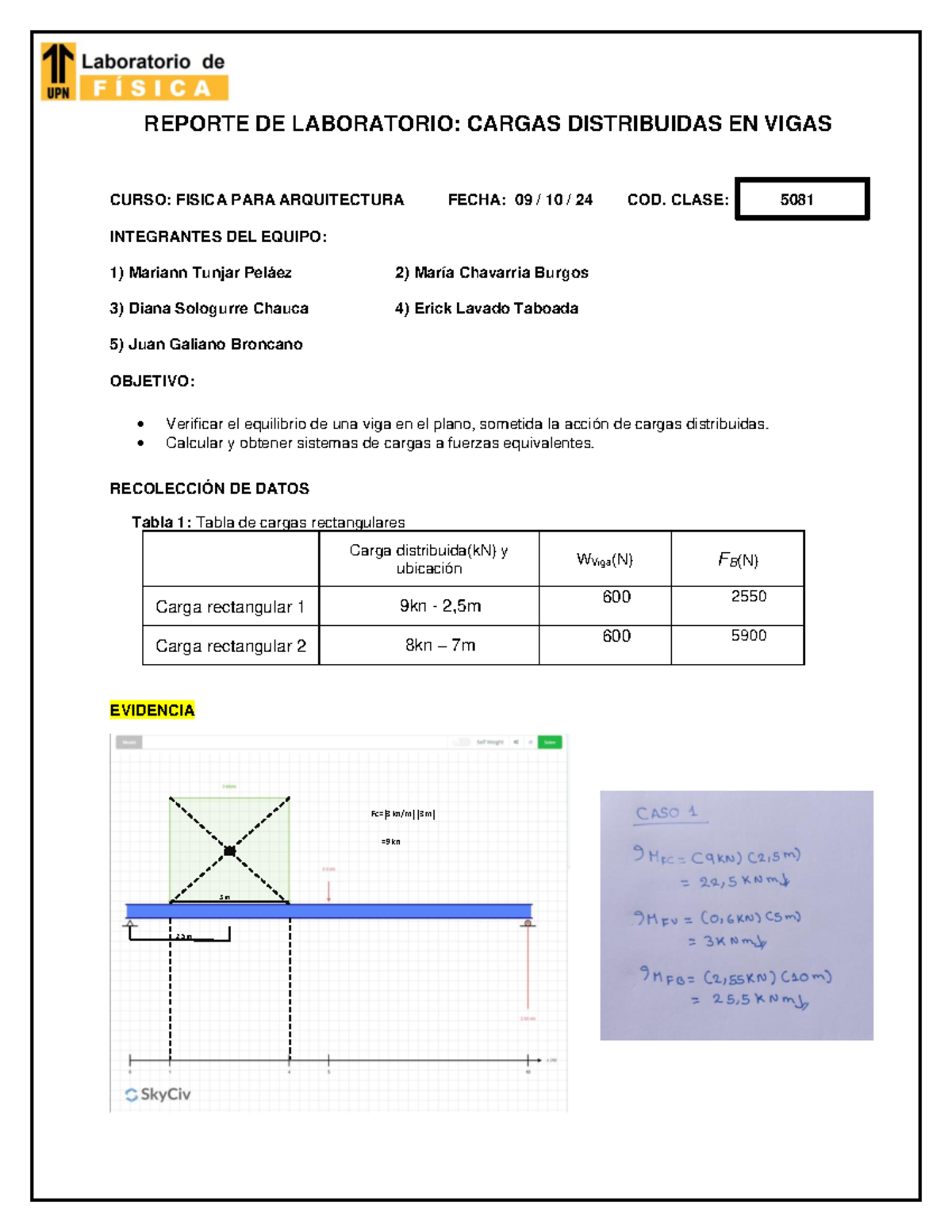 Reporte LAB Fisiarq S09 CDV 2024 - REPORTE DE LABORATORIO: CARGAS DISTRIBUIDAS EN VIGAS CURSO ...