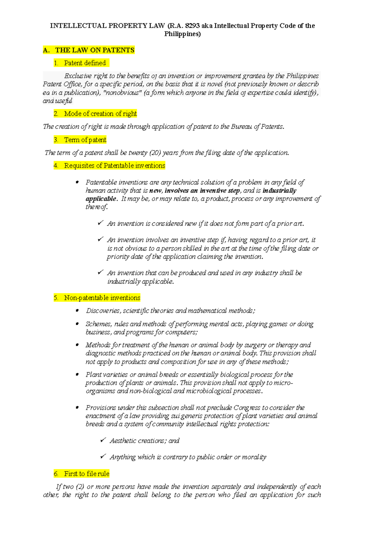 Module 3 IPL ACB Lompon JRB - Philippines) A. THE LAW ON PATENTS Patent ...