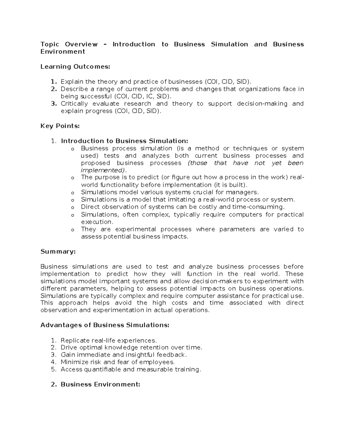 Summary on Topic Overview - Topic Overview – Introduction to Business ...