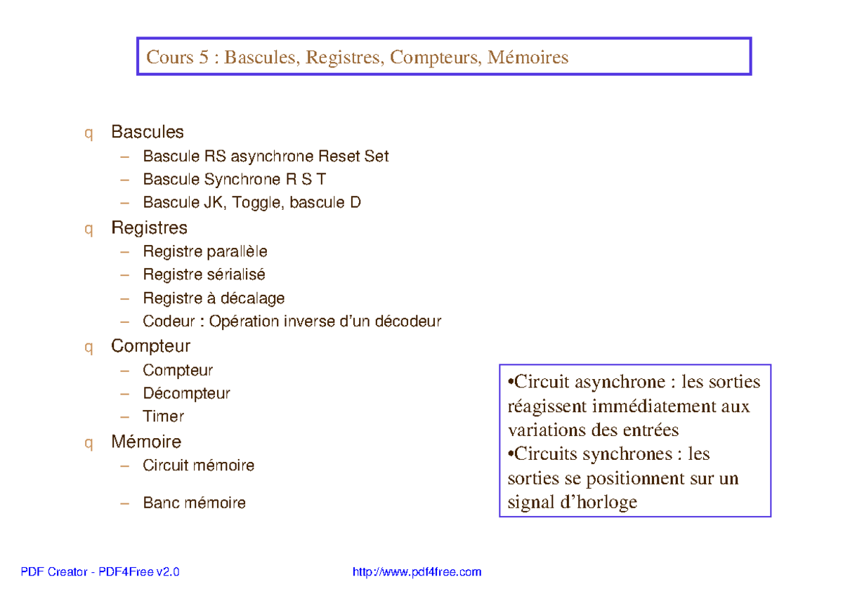 09 C5 RR-Les bascules - q Bascules Bascule RS asynchrone Reset Set ...