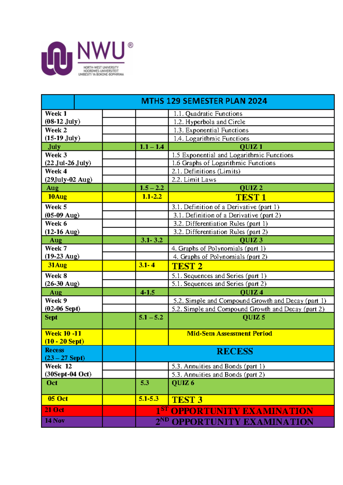 MTHS129 Semester Plan 2024 - MTHS 129 SEMESTER PLAN 202 4 Week 1 ( 08 ...