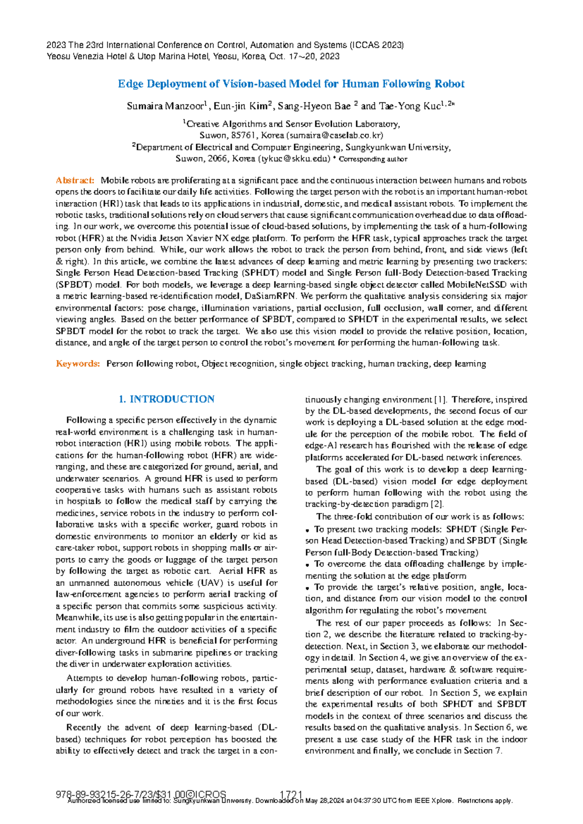 Edge Deployment of Vision-Based Model for Human Following Robot - 2023 The 23rd International ...