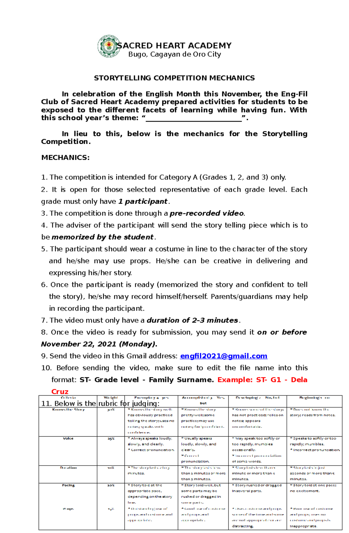 Story Telling Competition - SACRED HEART ACADEMY Bugo, Cagayan de Oro ...