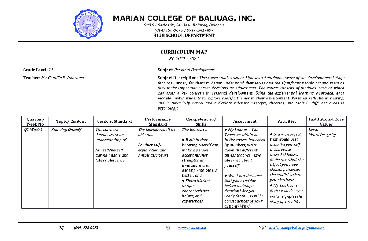 520348623 Curriculum Map Perdev - 908 Gil Carlos St., San Jose, Baliwag ...