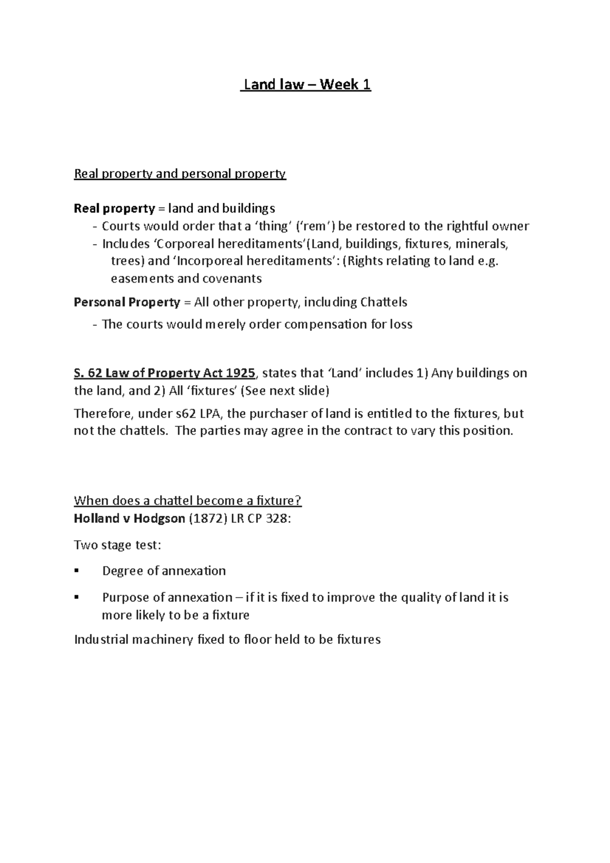 Week 1 - leases lecture notes - Land law – Week 1 Real property and ...