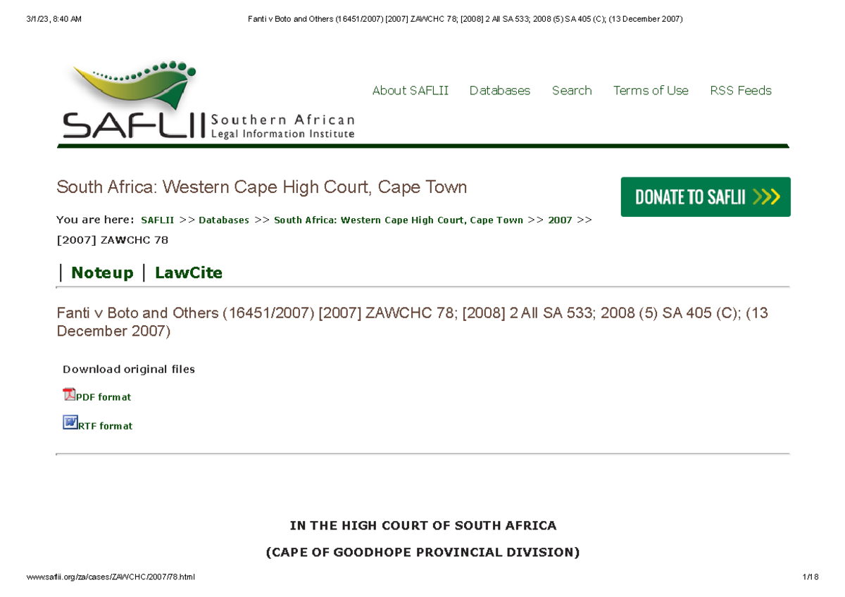 Fanti v Boto and Others (16451 2007 ) [2007 ] Zawchc 78; [2008 ] 2 All SA 533; 2008 (5) SA 405 ...