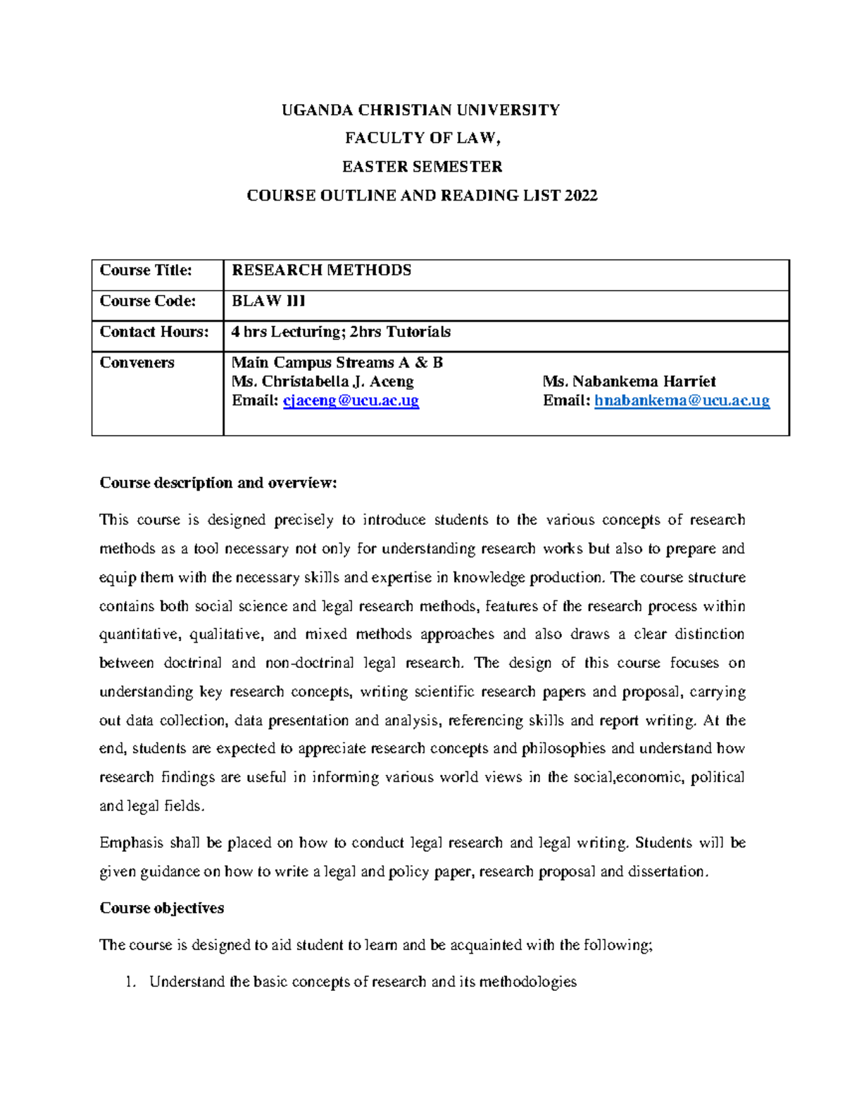 Research method course outline LLB 3 2022 - UGANDA CHRISTIAN UNIVERSITY ...
