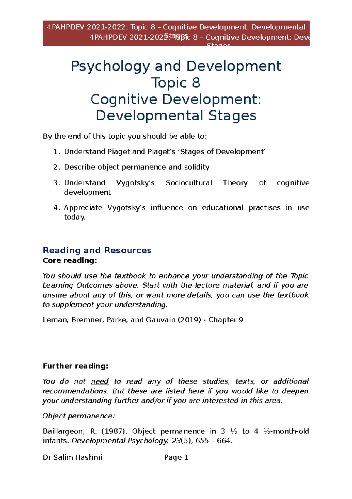 8.0. Topic 8, Lecture Notes - Psychology and Development Topic 8 ...