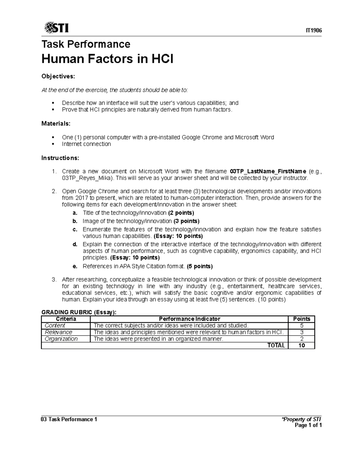 03 Task Performance 1 - IT Task Performance Human Factors in HCI Objectives: At the end of the ...