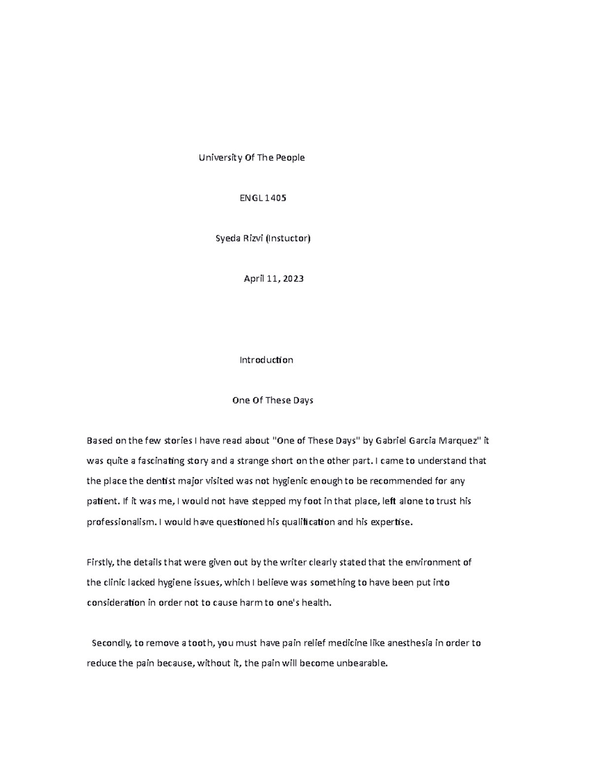 One Of these Days - University Of The People ENGL 1405 Syeda Rizvi ...