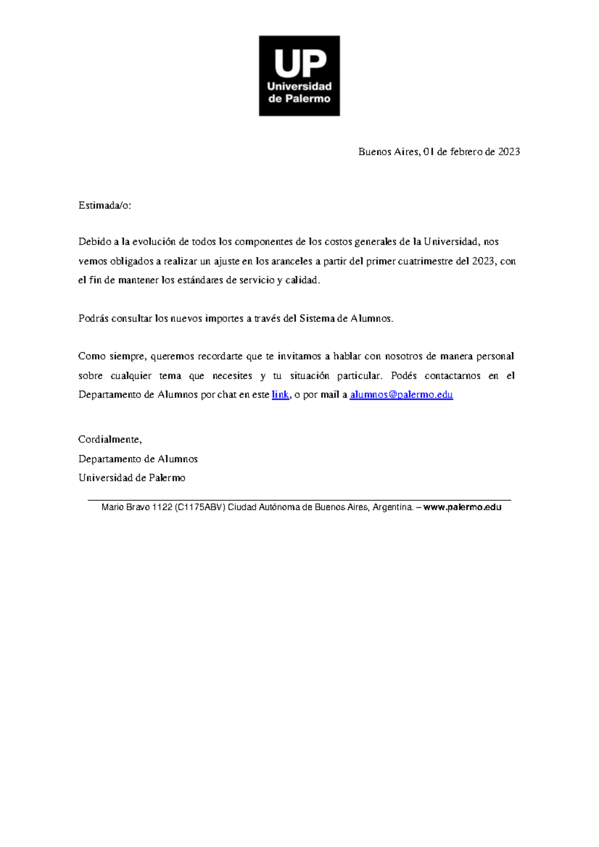 Carta Aranceles Febrero - Buenos Aires, 01 de febrero de 2023 Estimada ...