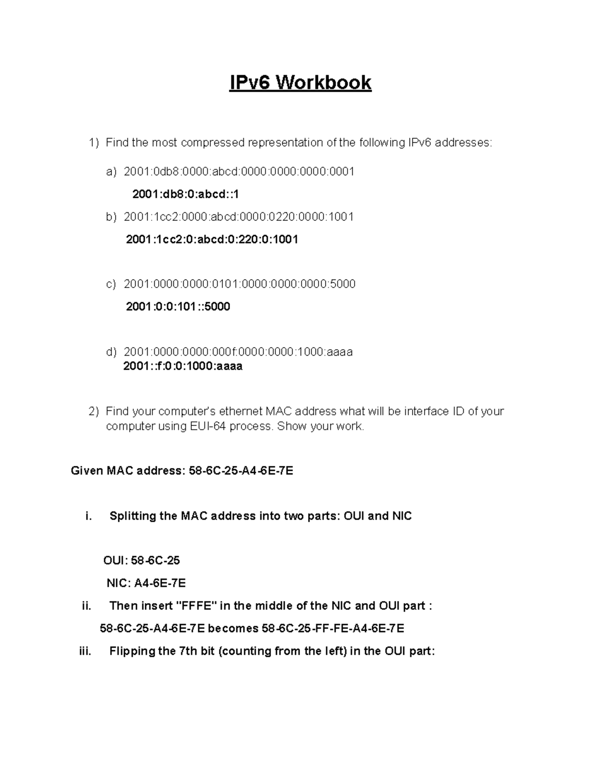 Ipv6 Workbook Ipv6 Ipv6 Workbook Find The Most Compressed Representation Of The Following