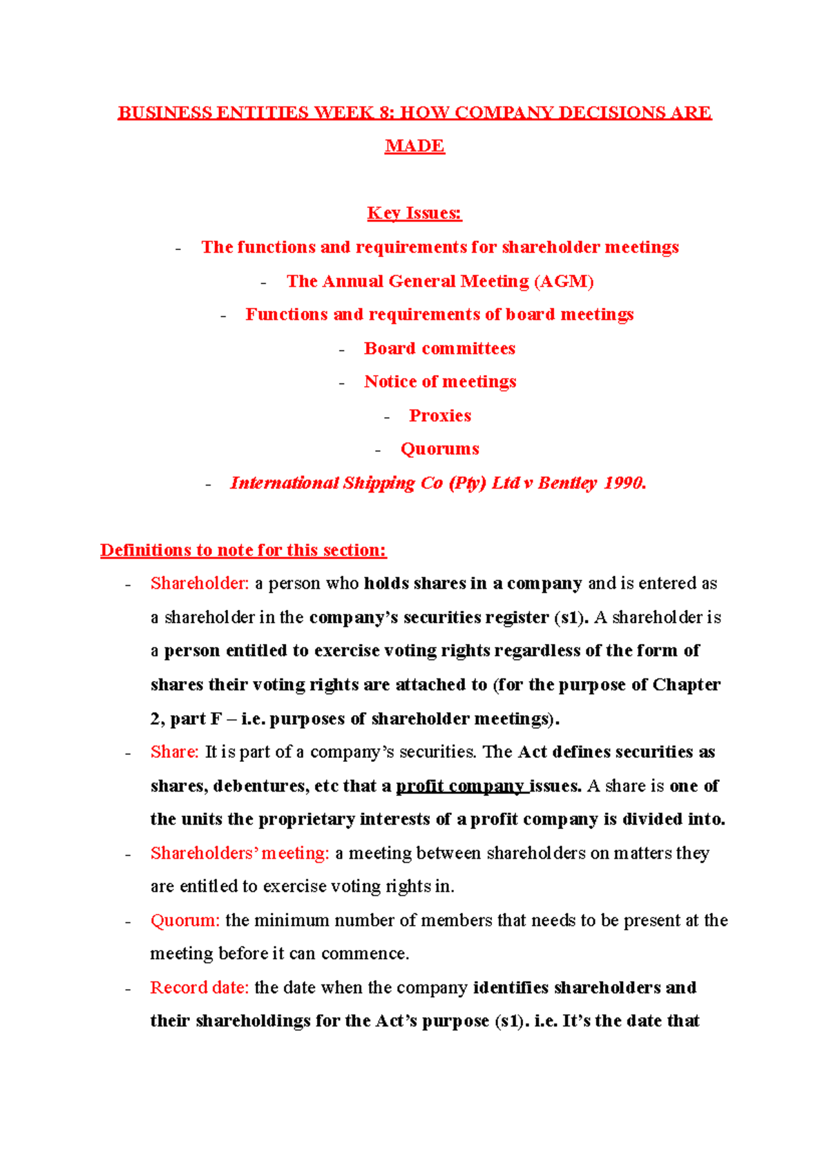 BUS Entities WEEK 8 - BUSINESS ENTITIES WEEK 8: HOW COMPANY DECISIONS ...