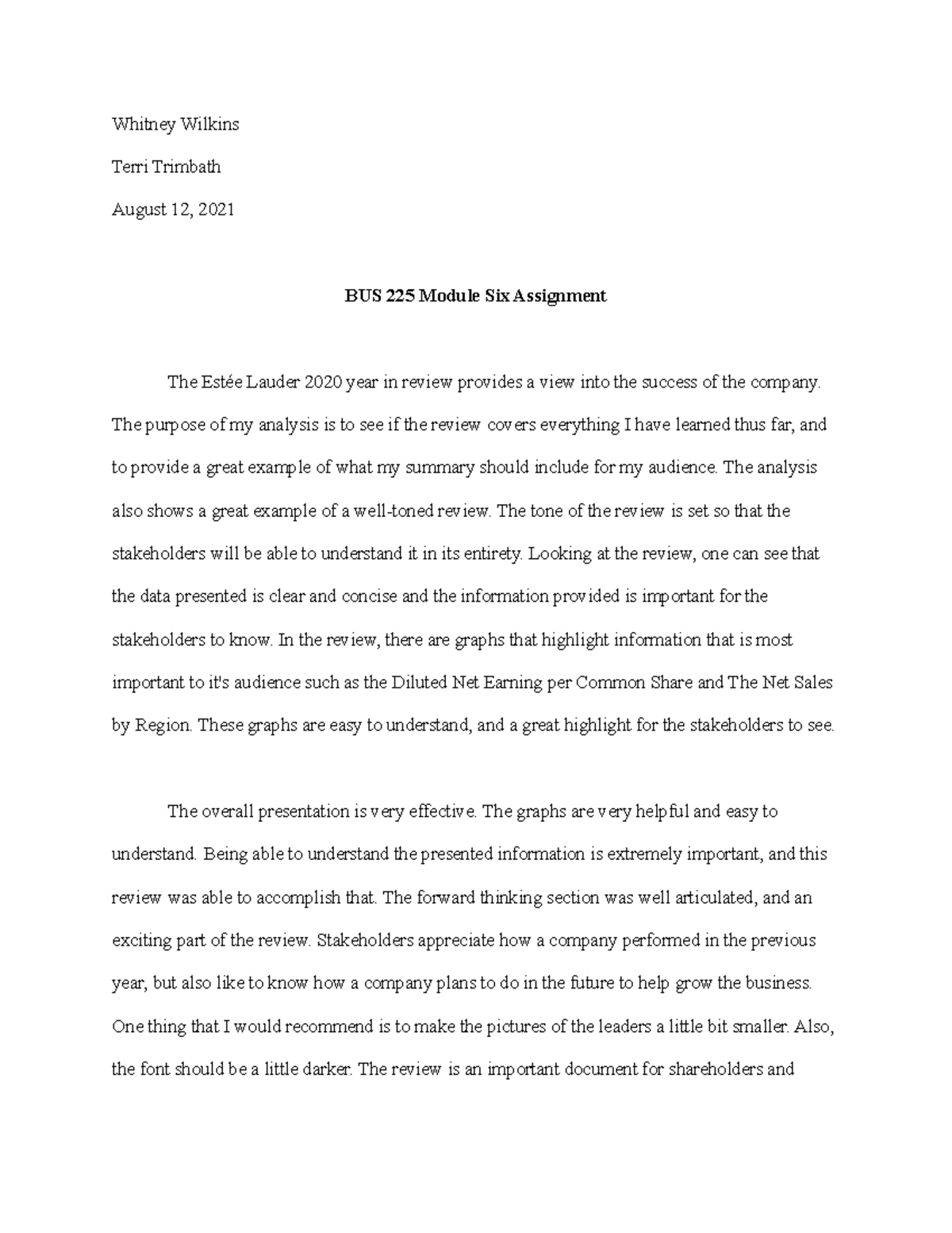 BUS225 Module Six Assignment - Whitney Wilkins Terri Trimbath August 12 ...