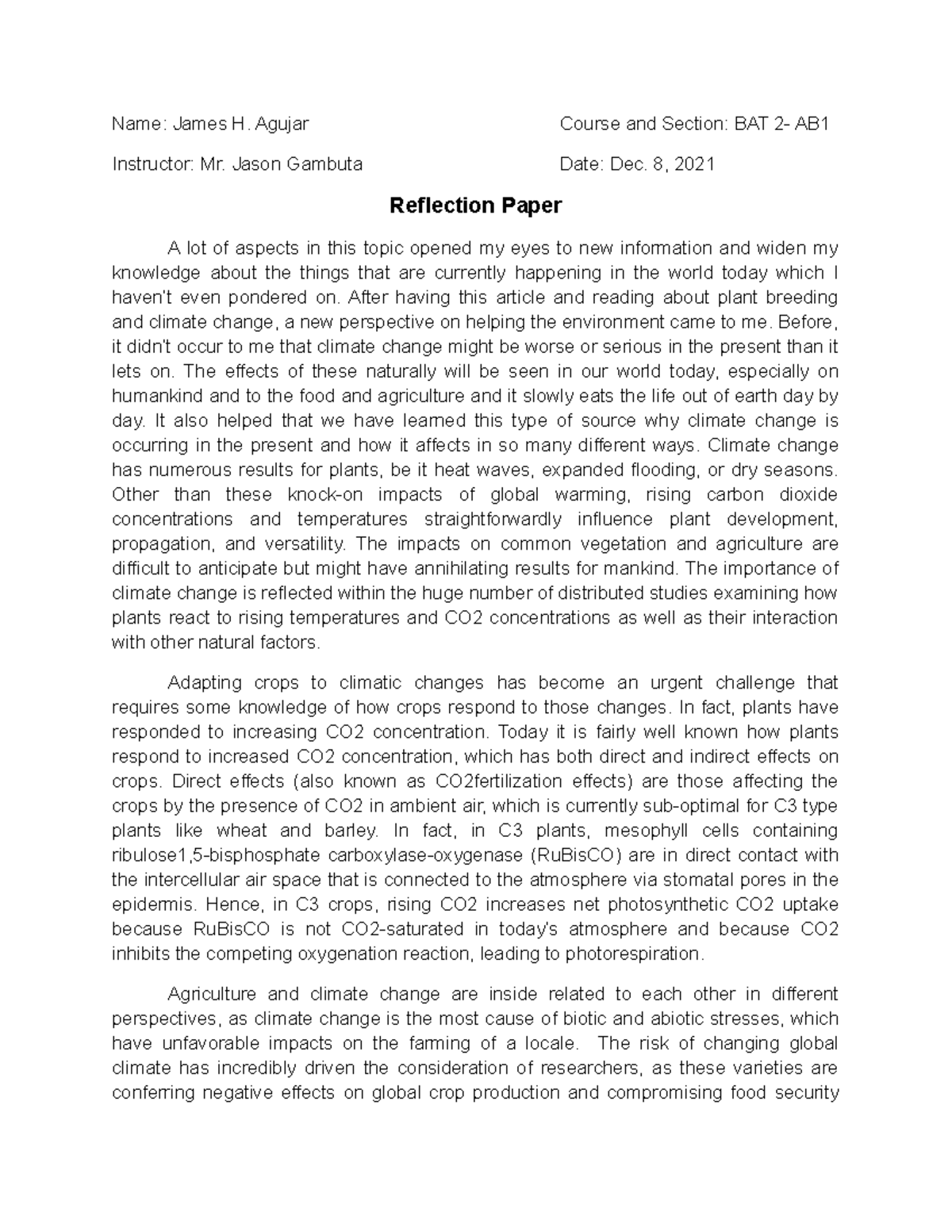 Agujar James- Reflection Paper on Plant breeding and climate change ...