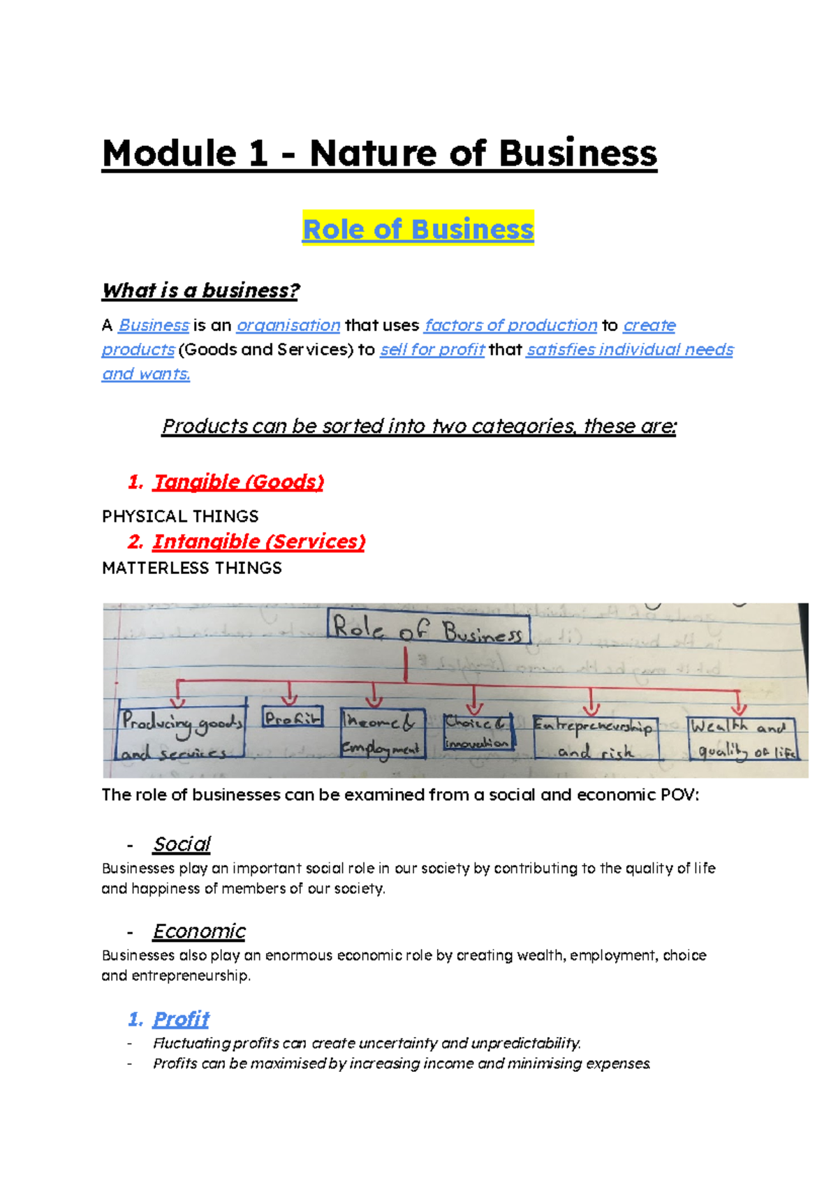 module 1 notes - syllabus - Module 1 - Nature of Business Role of ...