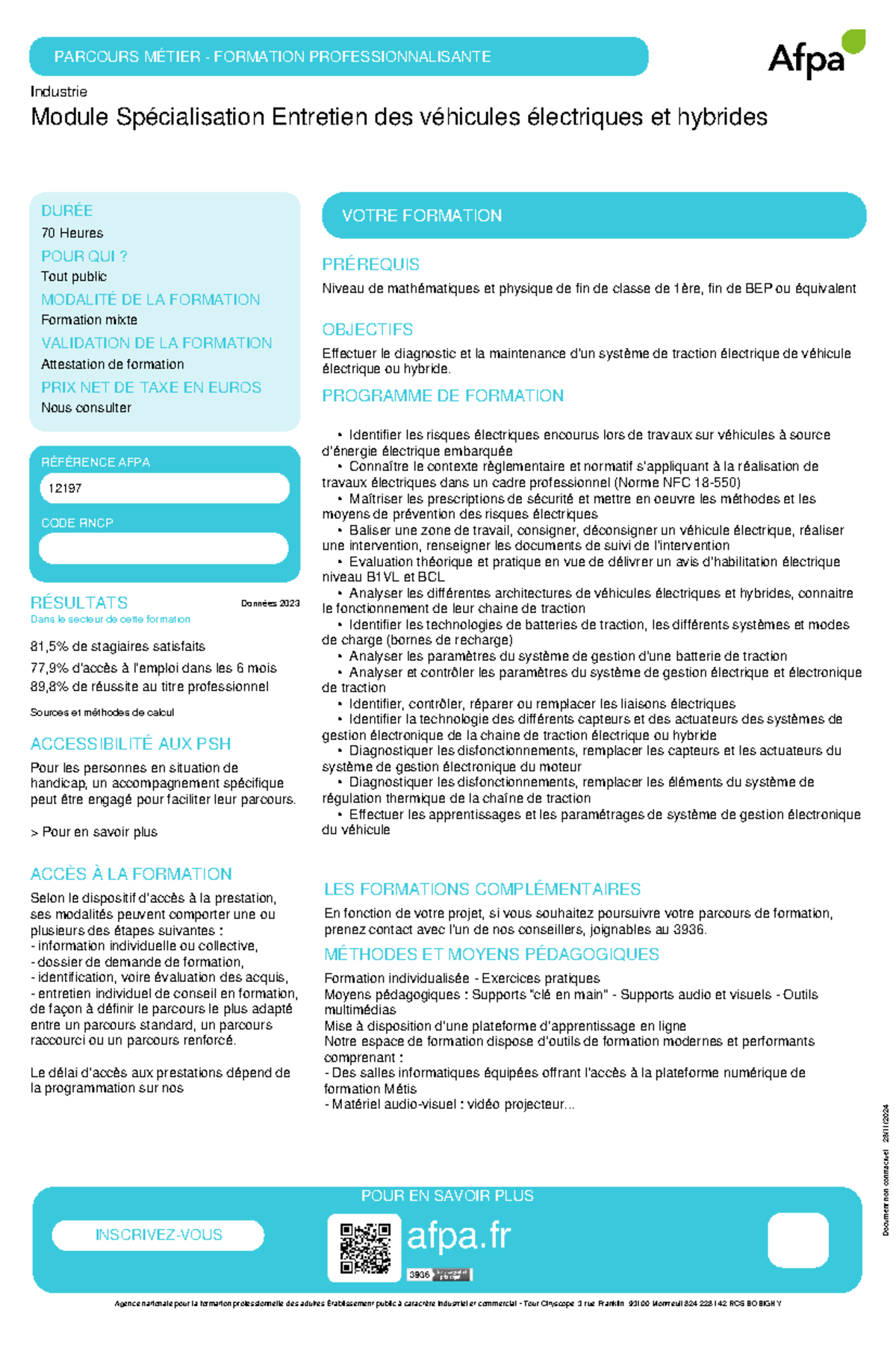 Fiche Produit Professionnalisant 12197 Module Specialisation Entretien des vehicules electriques ...