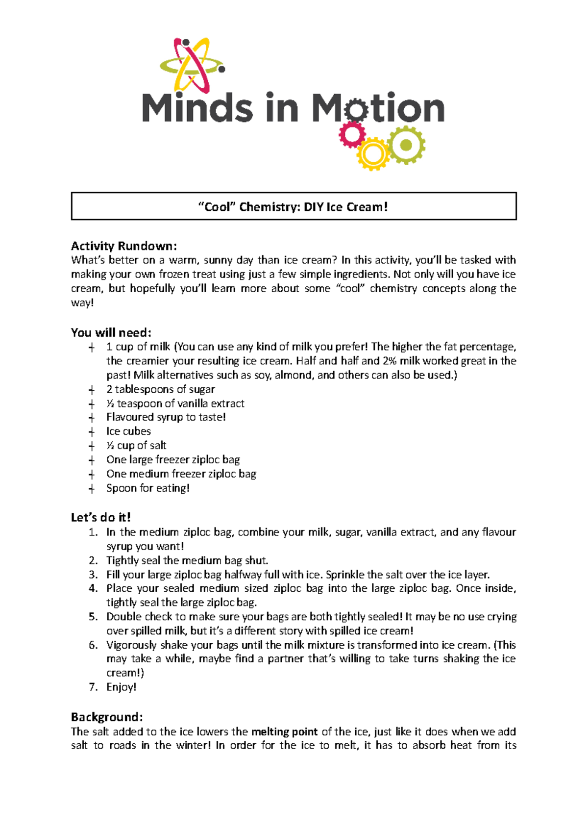 DIY Icecream - MIM - “Cool” Chemistry: DIY Ice Cream! Activity Rundown ...
