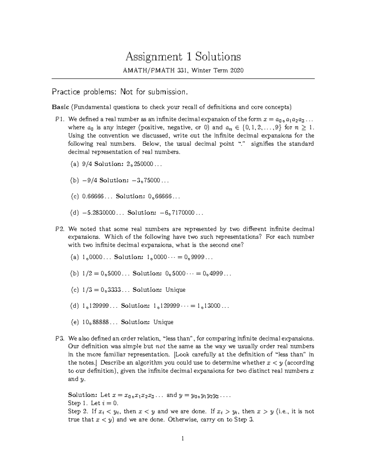 Assignment 1 solutions - Assignment 1 Solutions AMATH/PMATH 331, Winter ...
