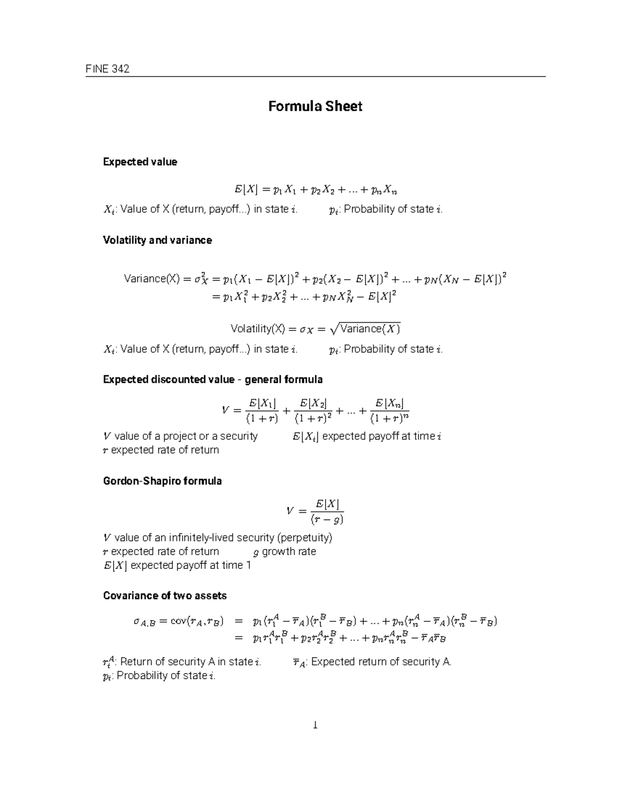 Formula sheet - Formula Sheet Expected value E[X] =p 1 X 1 +p 2 X 2 ...