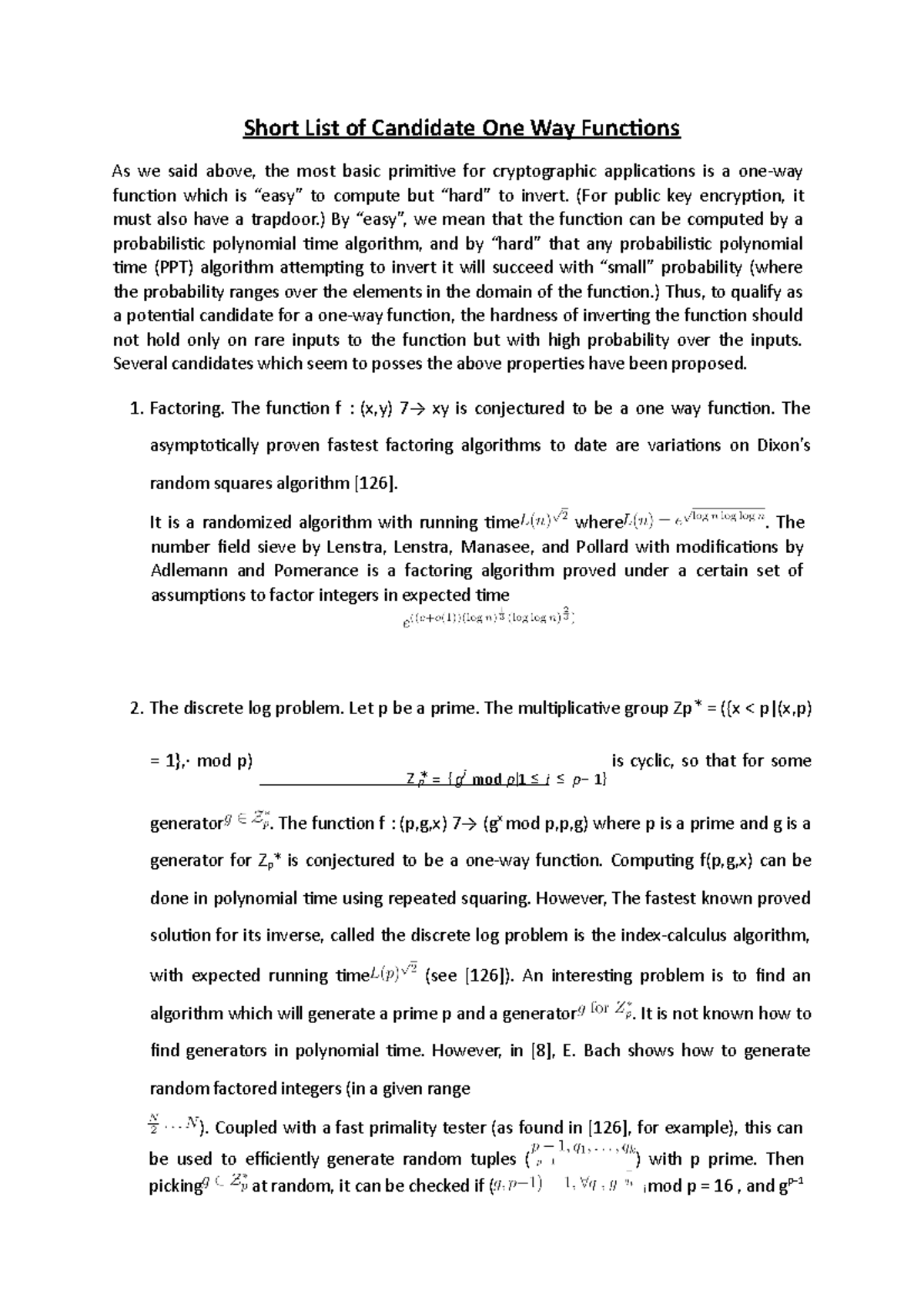 Short List of Candidate One Way Functions - (For public key encryption ...