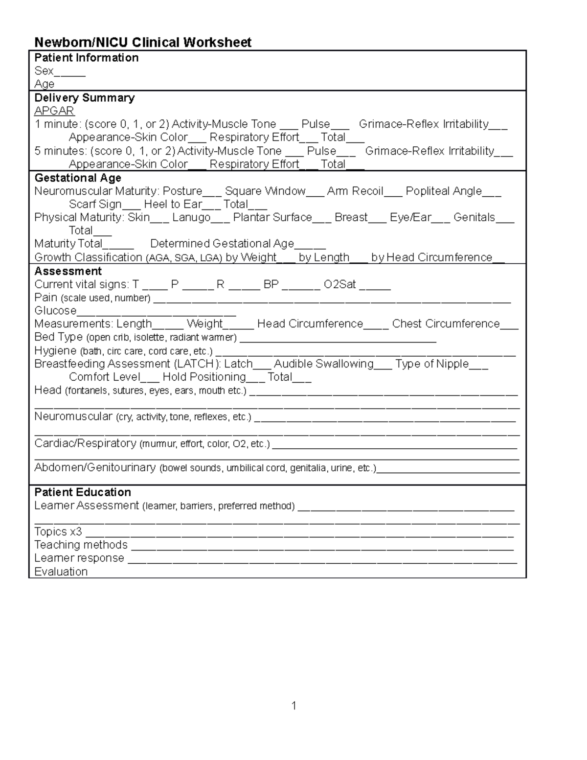 Newborn-NICU Clinical Worksheet - Newborn/NICU Clinical Worksheet ...