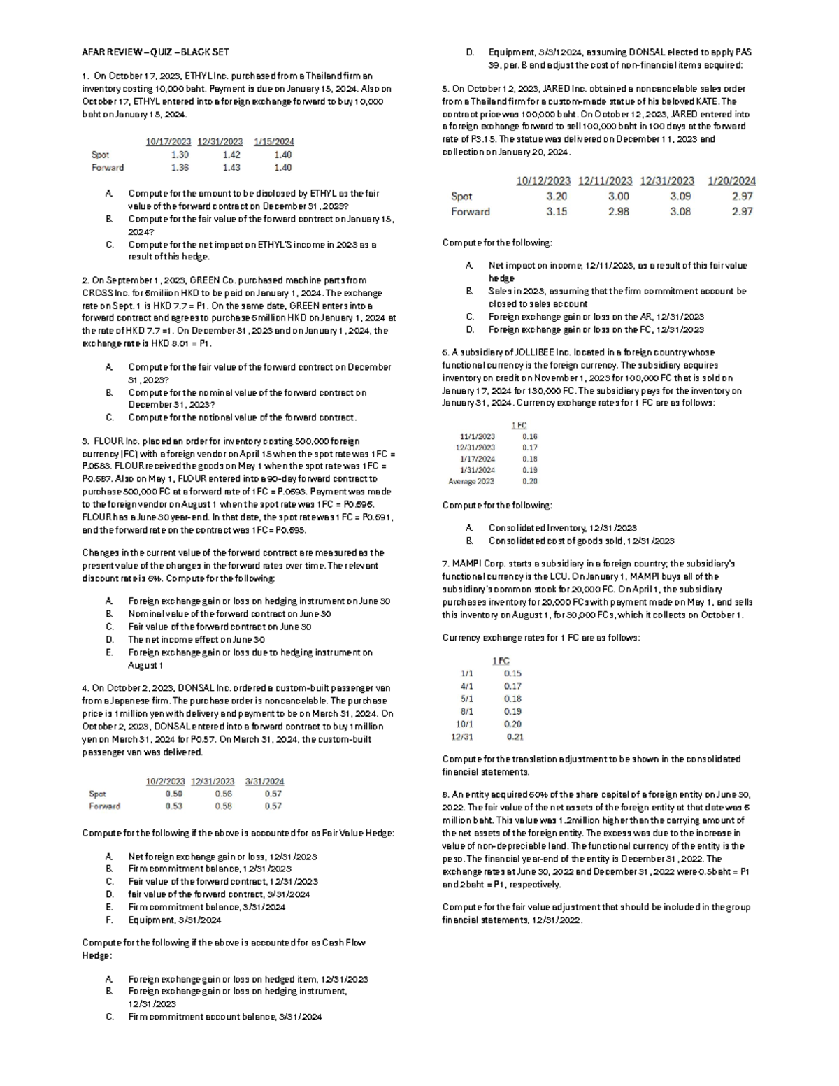 Forex-and-Hedging - notes - AFAR REVIEW – QUIZ – BLACK SET On October ...