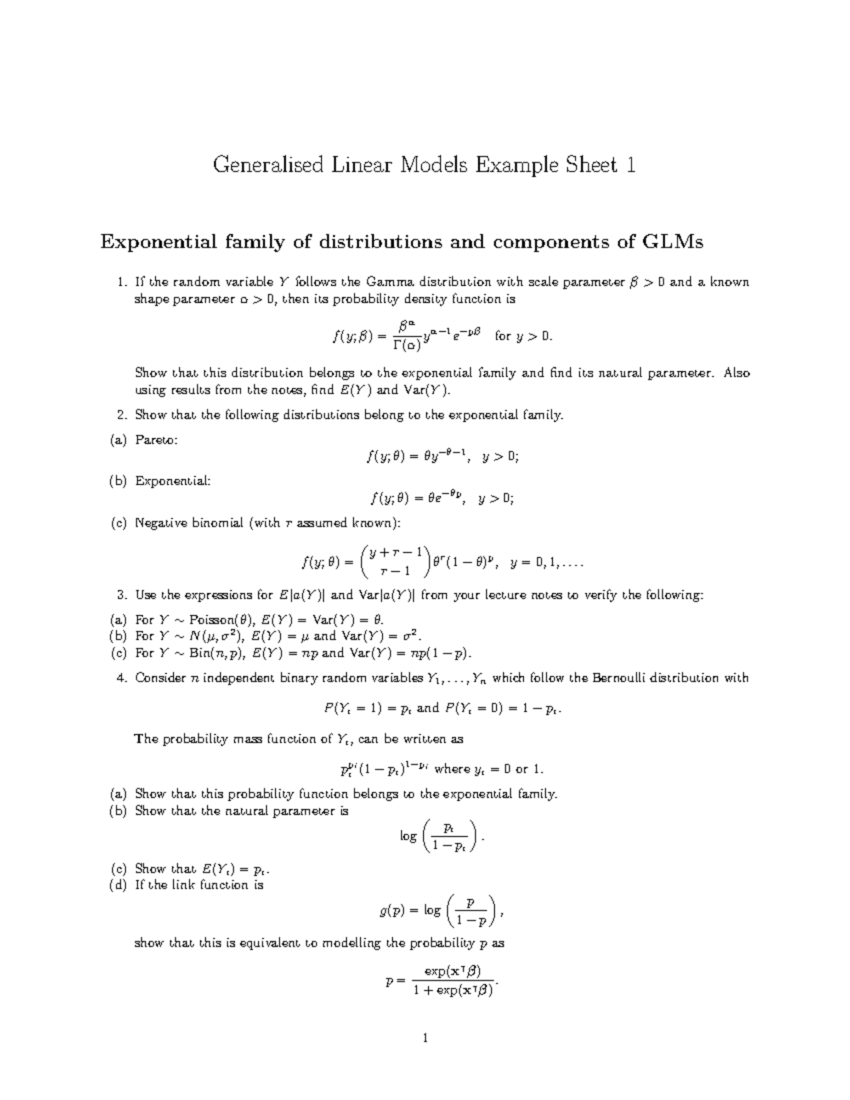 Example Sheet 1 - _ Show that this distribution belongs to the ...