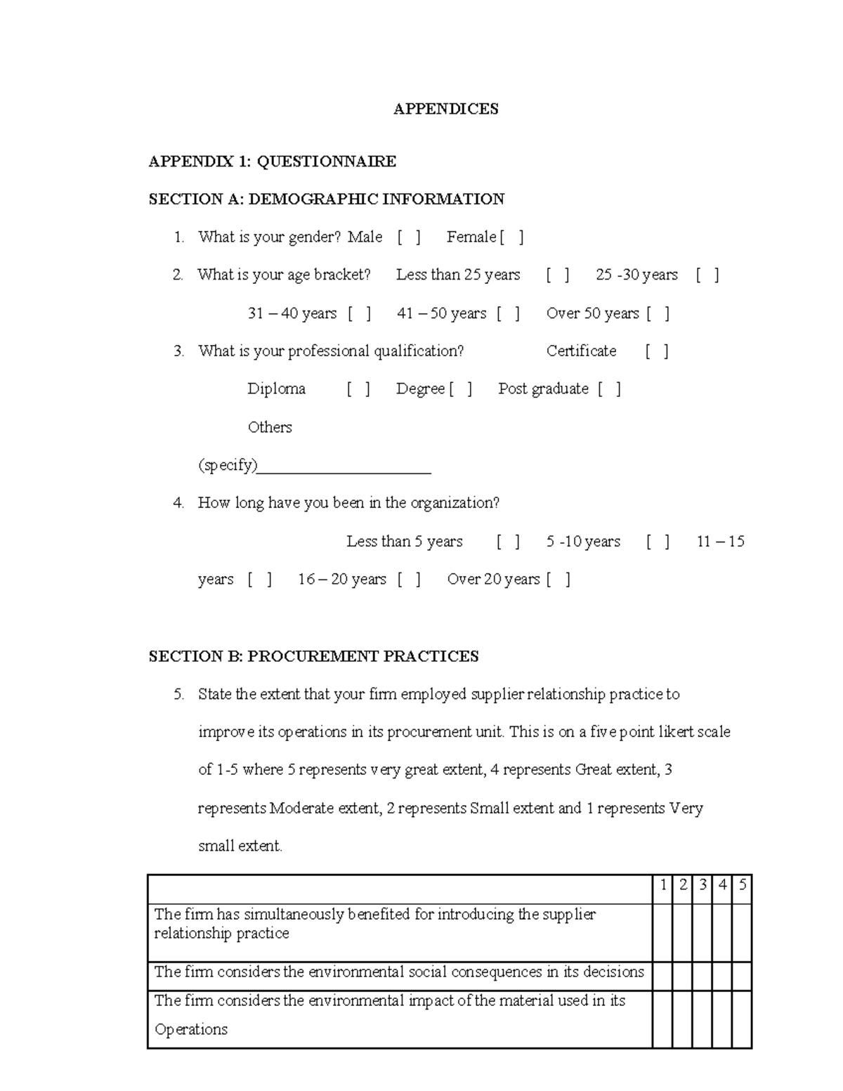Appendices - jklmnnn - APPENDICES APPENDIX 1: QUESTIONNAIRE SECTION A: DEMOGRAPHIC INFORMATION 1 ...