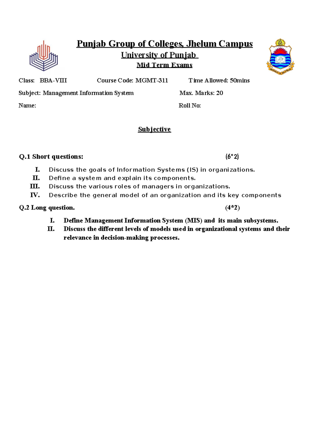 MIS mid paper - Punjab Group of Colleges, Jhelum Campus University of ...