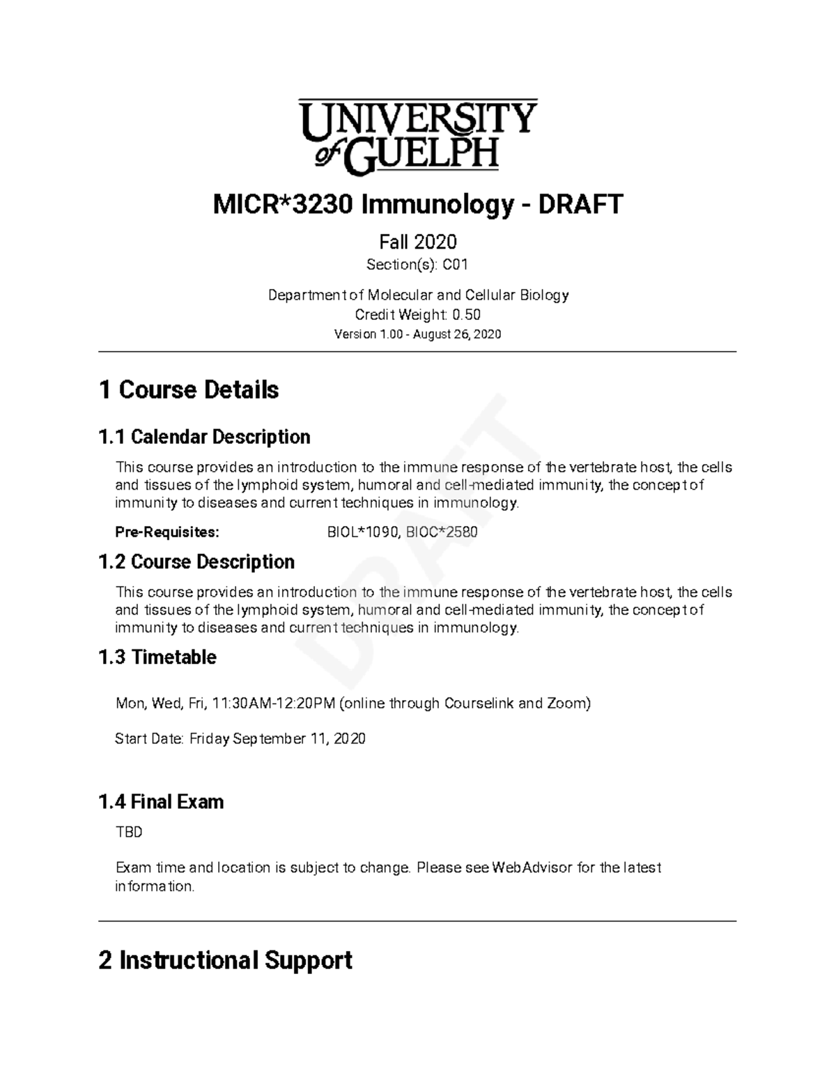 MICR 3230 Course Outline - MICR*3230 Immunology - DRAFT Fall 2020 ...