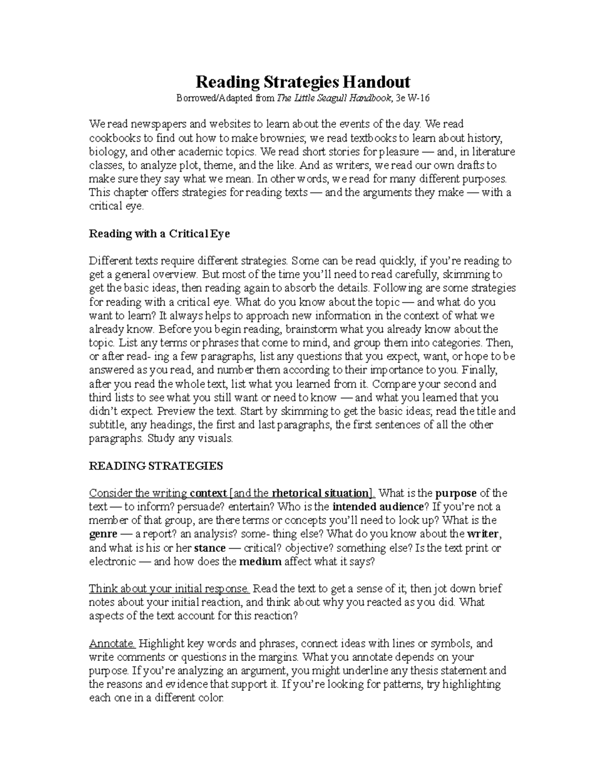 Reading Strategies Handout - Reading Strategies Handout Borrowed ...