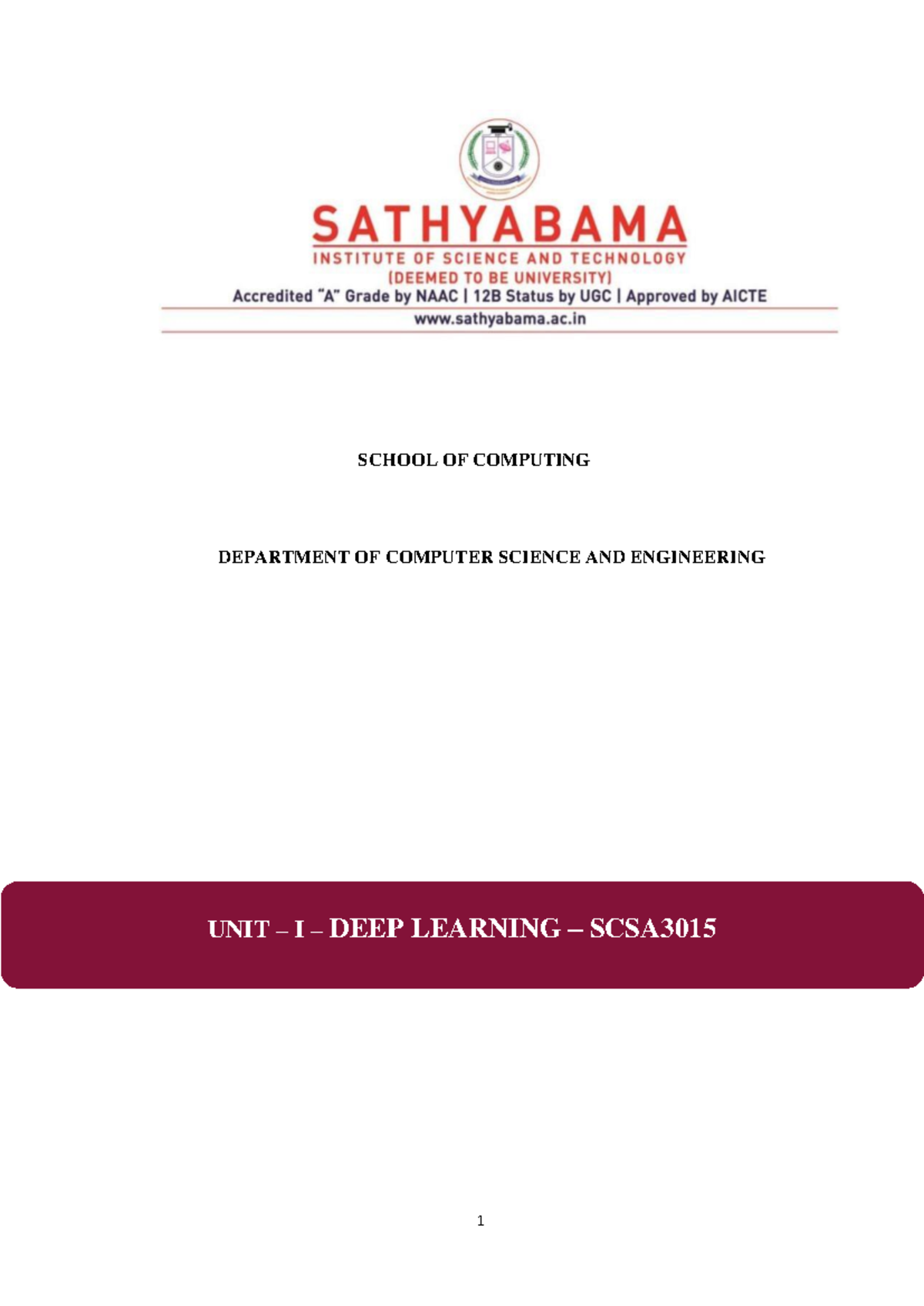 Deep Learning Unit 1 Notes pdf - SCHOOL OF COMPUTING DEPARTMENT OF ...